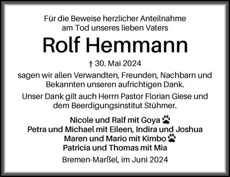 Traueranzeigen Von Rolf Hemmann Trauer And Gedenken