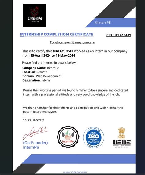 Malay Joshi On Linkedin 🎉 Im Happy To Announce That My Internship At Internpe Was Successfully