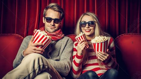 3d 영화 체험을 즐기고 활기찬 배경에서 팝콘을 맛보며 안경을 쓰고 있는 신나는 커플 행복한 사람 배경 체험 배경 웃는 여자 배경 이미지 Hd 행복한 사람 체험