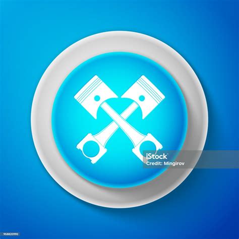 화이트 두 교차 엔진 피스톤 아이콘 파란색 배경에 고립 화이트 라인 블루 원형 버튼입니다 벡터 일러스트 레이 션 3차원 형태에