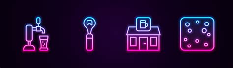 세트 라인 맥주 탭 유리 병 오프너 맥주 가게와 거품의 상점 건물 빛나는 네온 아이콘 벡터 Ale에 대한 스톡 벡터 아트 및 기타 이미지 Istock