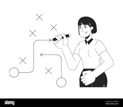Asian Business Woman Planning Strategy Flowchart Black And White 2d Line Character Stock Vector