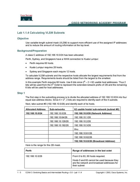 Lab 1 1 4 Good Lab 11 Calculating Vlsm Subnets Objective Use Variable Length Subnet Mask
