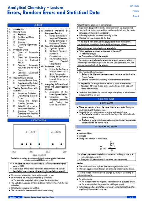 Ana Chem Errors Random Errors And Statistical Data In Chemical