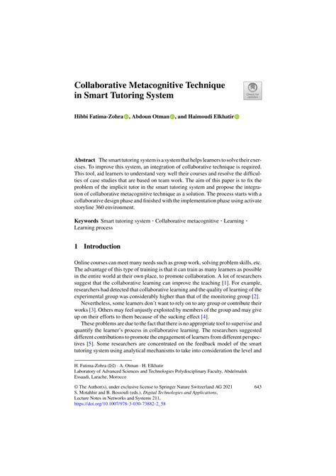 Pdf Collaborative Metacognitive Technique In Smart Tutoring System