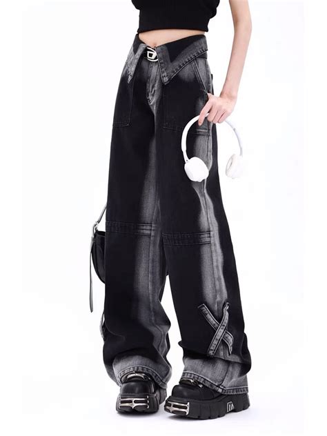 검은 색과 회색 그라디언트 플랜지 데님 와이드 레그 팬츠 여성 가을 2023 새로운 플러스 사이즈 슬리밍 스트레이트 걸레 롱 팬츠 위시버킷