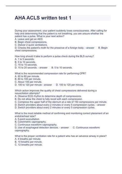 AHA ACLS Written Test 1 Questions With Solutions 2023 AHA ACLS Stuvia US