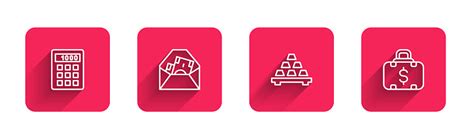 라인 계산기 달러 기호가 있는 봉투 금괴 서류 가방 긴 그림자가 있는 돈을 설정합니다 빨간색 사각형 버튼입니다 벡터 0명에 대한