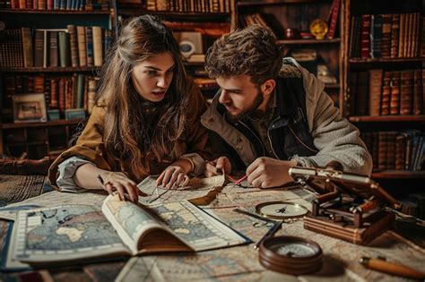 Young Couple Is Preparing Special Quest In Their Adventurous Laboratory Using Maps Premium Ai