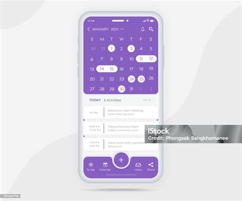모바일 앱 캘린더 플래너 개념 활동 캘린더 템플릿 Ui Ux 스마트폰 캘린더 일정 의제 연례 계획 회의 응용 프로그램 캘린더