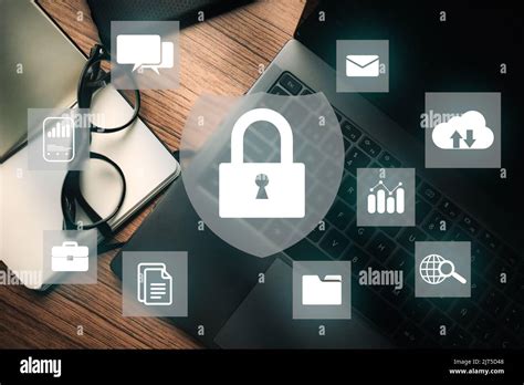 Virtual Interface With Lock Security Shield And Desktop Photo As Background Cybersecurity