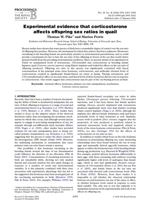 Pdf Experimental Evidence That Corticosterone Affects Offspring Sex