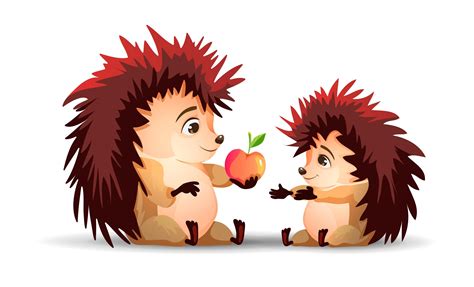 A Hedgehog Giving An Apple To Another Hedgehog Vector Art At Vecteezy