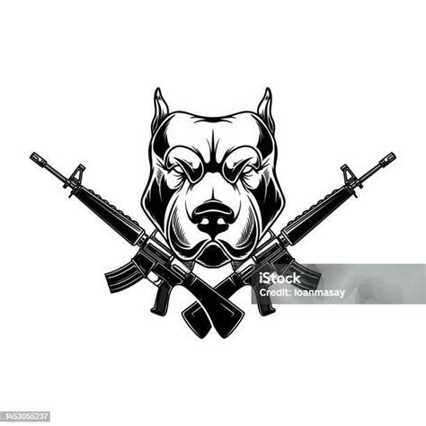 교차 돌격 소총을 가진 화난 개 머리 포스터 엠블럼 기호에 대한 디자인 요소 벡터 그림 가축에 대한 스톡 벡터 아트 및 기타 이미지 Istock