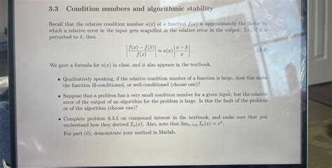 Solved 3 3 Condition Numbers And Algorithmic Stability Chegg