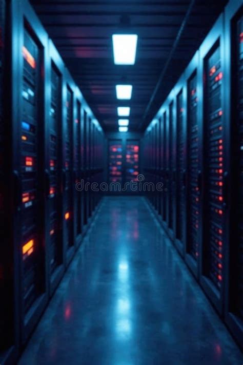 Blurred Image Of Server Room With Flashing Lights Indicating System Intrusion Spyware Digital