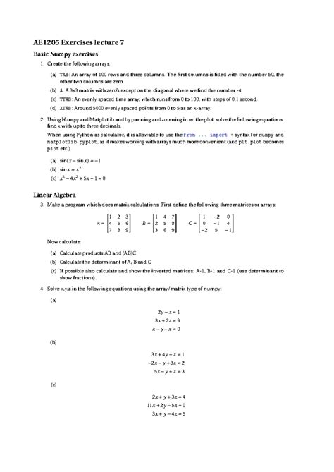 Exercises Lecture 7 Exercises Ae1205 Exercises Lecture 7 Basic