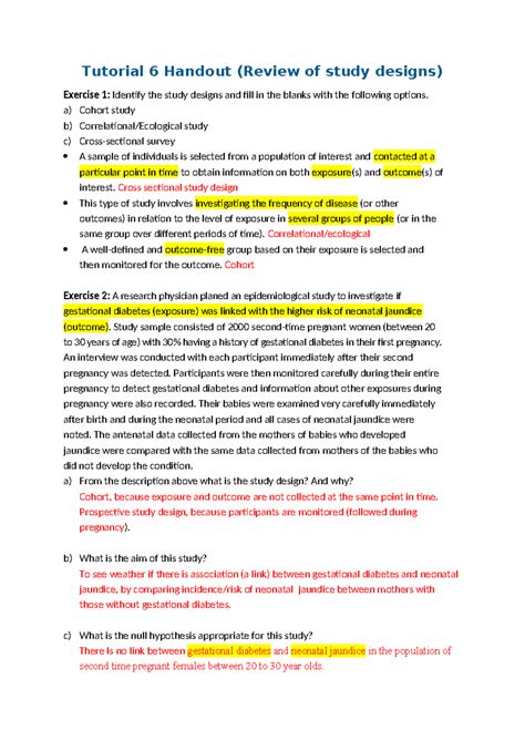 Tutorial Handout Tutorial Handout Review Of Study Designs