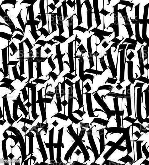 중세 고딕 양식의 패턴 벡터 유럽 현대 고딕 양식 흰색 배경에 검은 글자 모든 문자는 펜으로 손으로 작성됩니다 대문자 포장 및 의류 장식 고대의에 대한 스톡 벡터 아트 및