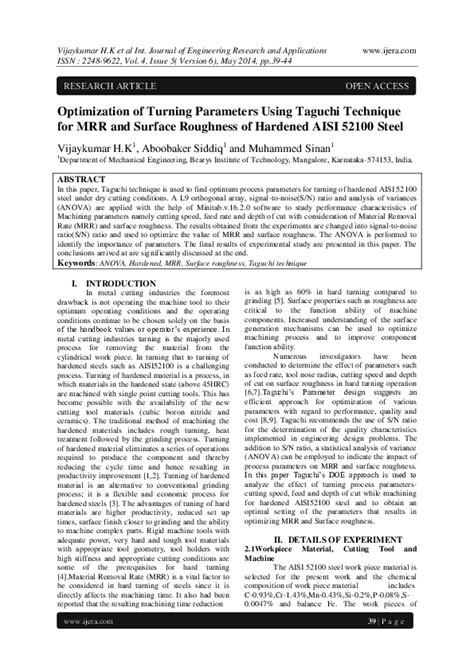 Pdf Optimization Of Turning Parameters Using Taguchi Technique For Mrr And Surface Roughness
