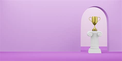 아치와 후시아 배경에 황금 트로피와 추상 연단 기둥 승리 받침대는 미니멀 한 개념입니다 텍스트의 여유 공간입니다 3d 렌더링 0