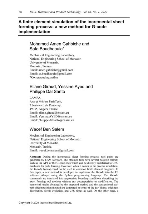Pdf A Finite Element Simulation Of The Incremental Sheet Forming Process A New Method For G