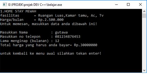 membuat program menampilkan menu kembali menggunakan for dev c tugas