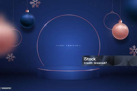 진한 파란색 배경에 3d 플랫폼과 뒷면에 로즈 골드 금속 원 사실적인 공과 눈송이를 나눠주는 빈 광고 받침대 공휴일에 대한 스톡 벡터 아트 및 기타 이미지 Istock