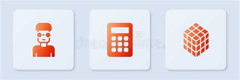set calculator nerd geek and rubik cube white square button stock