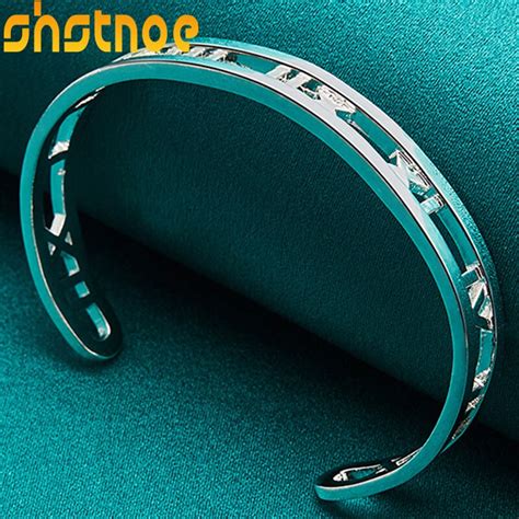 925 스털링 실버 로마 숫자 조정 가능한 오픈 팔찌 팔찌 남자 여자 약혼 웨딩 매력 패션 파티 쥬얼리 Aliexpress