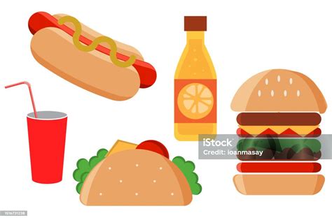 패스트 푸드 아이콘이 설정되었습니다 정크 푸드 하얀 배경에 분리된 다채로운 패스트푸드 아이콘들의 집합 굽기에 대한 스톡 벡터