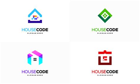 크리에이티브 코드 하우스 심볼 디자인 컨셉 벡터 프로그래밍 하우스 심볼 템플릿 세트 가정용 장비에 대한 스톡 벡터 아트 및 기타