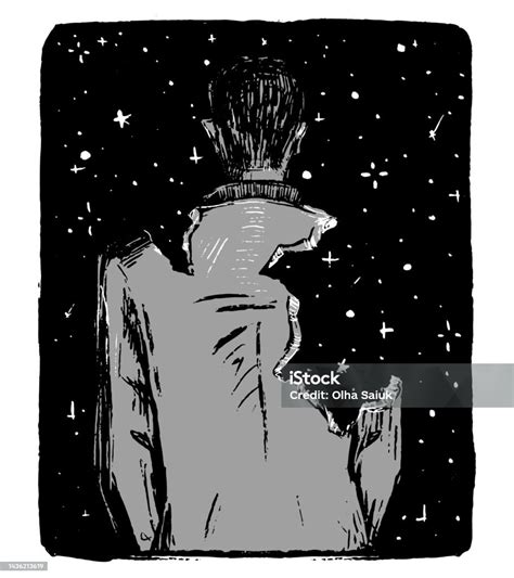 인간은 별의 배경에 조각품처럼 무너집니다 인간의 영혼 개념 흑백 손으로 그린 벡터 일러스트레이션 흰색에 고립 된 추상적 인 그래픽 그림 빈티지 스타일에 예술적 인쇄 부서짐에