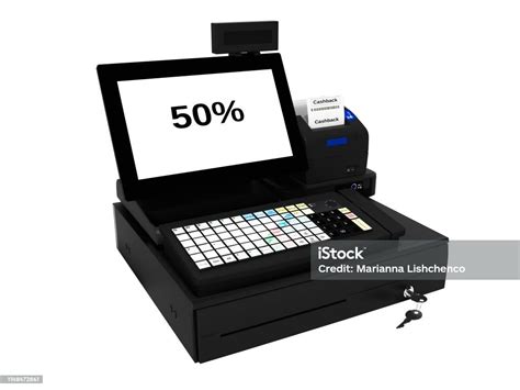 캐시백 기능을 가진 모니터 회색 점원 50 인쇄 체크 3d 흰색 배경에 렌더링 그림자 없음 0명에 대한 스톡 사진 및 기타