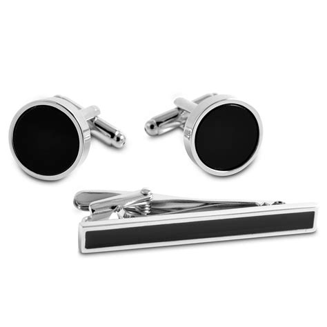 Silver Tone And Black Tie Clip And Cufflinks Set In Stock Trendhim