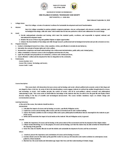 Obe Syllabus In Science Technology And Society Download Free Pdf Science Crime And Violence