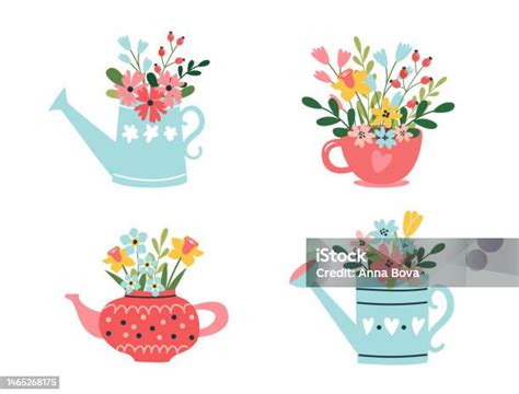 손으로 그린 요소의 봄 세트입니다 꽃 장식 물을 수있는 꽃다발 컵 주전자 계절 기호 스크랩북 인사말 카드 포스터 태그 스티커 꽃 가게에 적합합니다 꽃 식물에 대한 스톡 벡터