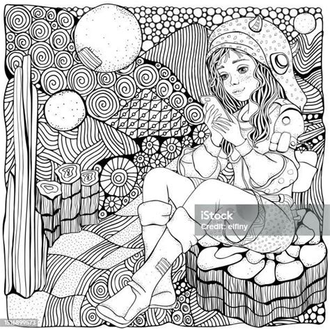 성인을 위한 흑백 색칠하기 책 페이지 소녀 우주 비행사 소녀는 앉아서 전화를보고 있습니다 젠탱글 배경 검은색에 대한 스톡 벡터