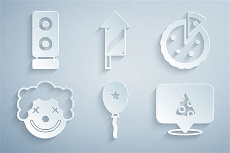 리본 수제 파이 광대 머리 피자 조각 불꽃 놀이 로켓 및 스테레오 스피커 아이콘으로 풍선을 설정하십시오 벡터 3차원 형태에 대한