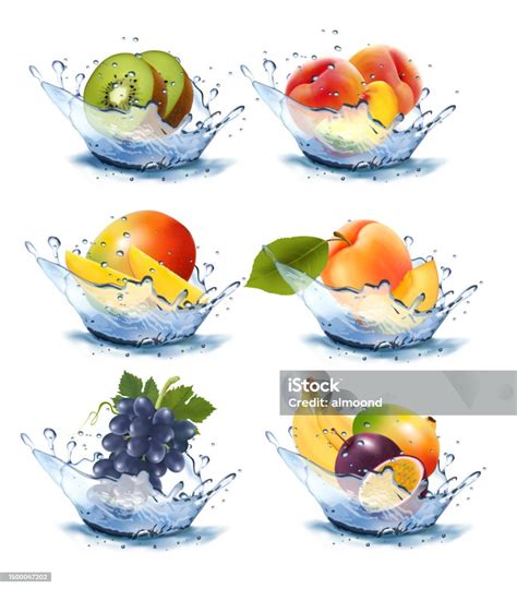 과일과 열매가 있는 다양한 물이 튀는 세트 복숭아 키위 살구 패션 프루트 망고 포도 바나나 벡터 과일에 대한 스톡 벡터 아트 및 기타 이미지 Istock