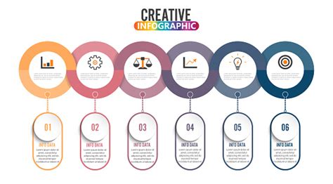 서식 파일 타임 라인 Infographic 색된 가로 6 위치에 대 한 번호가 워크플로 배너 다이어그램 웹 디자인 영역형 차트에 사용할 수 있습니다 0명에 대한 스톡 벡터