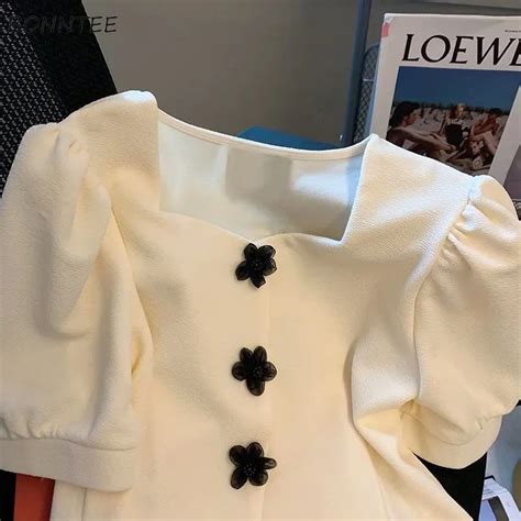 여성용 프렌치 스타일 반팔 셔츠 빈티지 우아한 오피스 레이디 시크 스위트 슬림 스퀘어 칼라 크롭 심플한 여름 인기 신상 Aliexpress