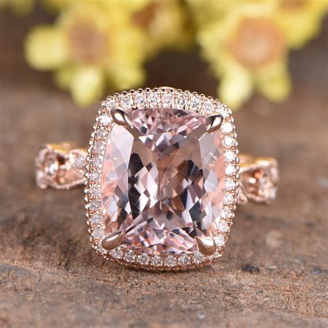 5ct Natural Morganite Engagement Ring Floral Diamond Band 14k Rose