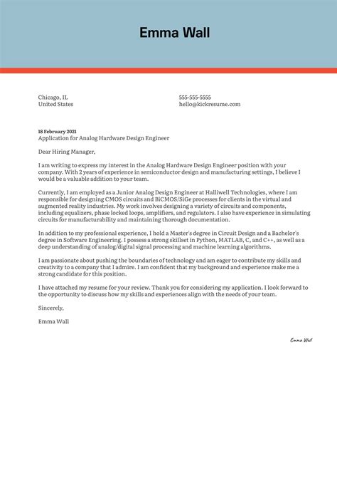 Analog Hardware Design Engineer Cover Letter Sample Kickresume