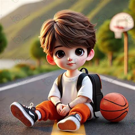 بک گراند کودکانه پسر کوچولوی ناز با کوله و توپ بستکبال نشسته وسط جاده کد 43343 ویژه عکس گراف