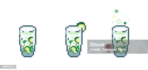 픽셀 아트 모히토 칵테일 세트 모히토 칵테일 음료의 픽셀 모자이크 유리의 복고풍 90 년대 게임 8 비트 아이콘 게임 및 스티커에 대한 벡터 픽셀 클래식 파티 음료 16에