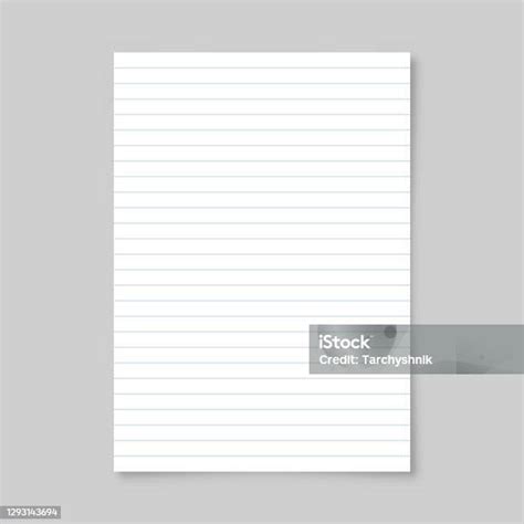 회색 배경에 격리 된 A4 형식의 그림자가있는 사실적인 빈 줄 지어 종이 시트 노트북 또는 책 페이지입니다 템플릿 또는 모형을