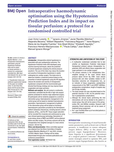 Pdf Intraoperative Haemodynamic Optimisation Using The Hypotension Prediction Index And Its