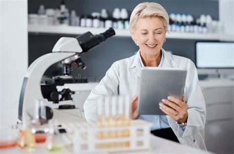 Science Tablet And Research Woman With Microscope Data Analytics Test Results And Laboratory