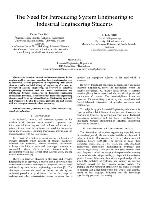 PDF The Need For Introducing System Engineering To Industrial Engineering Babes